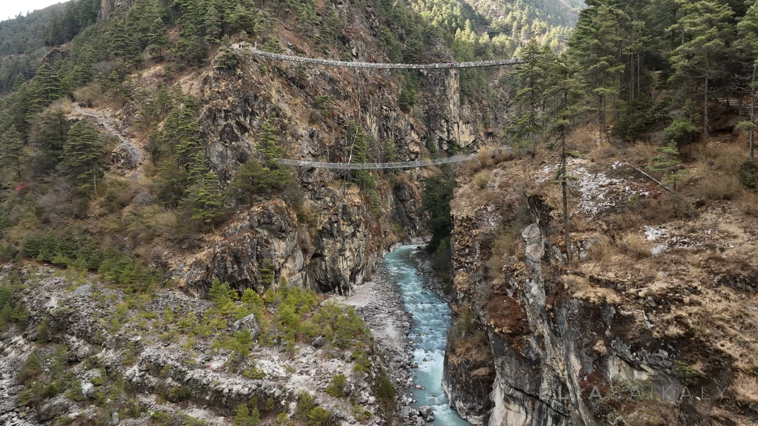 Double suspension bridge below Namche Bazaar - Elia Saikaly Licensing